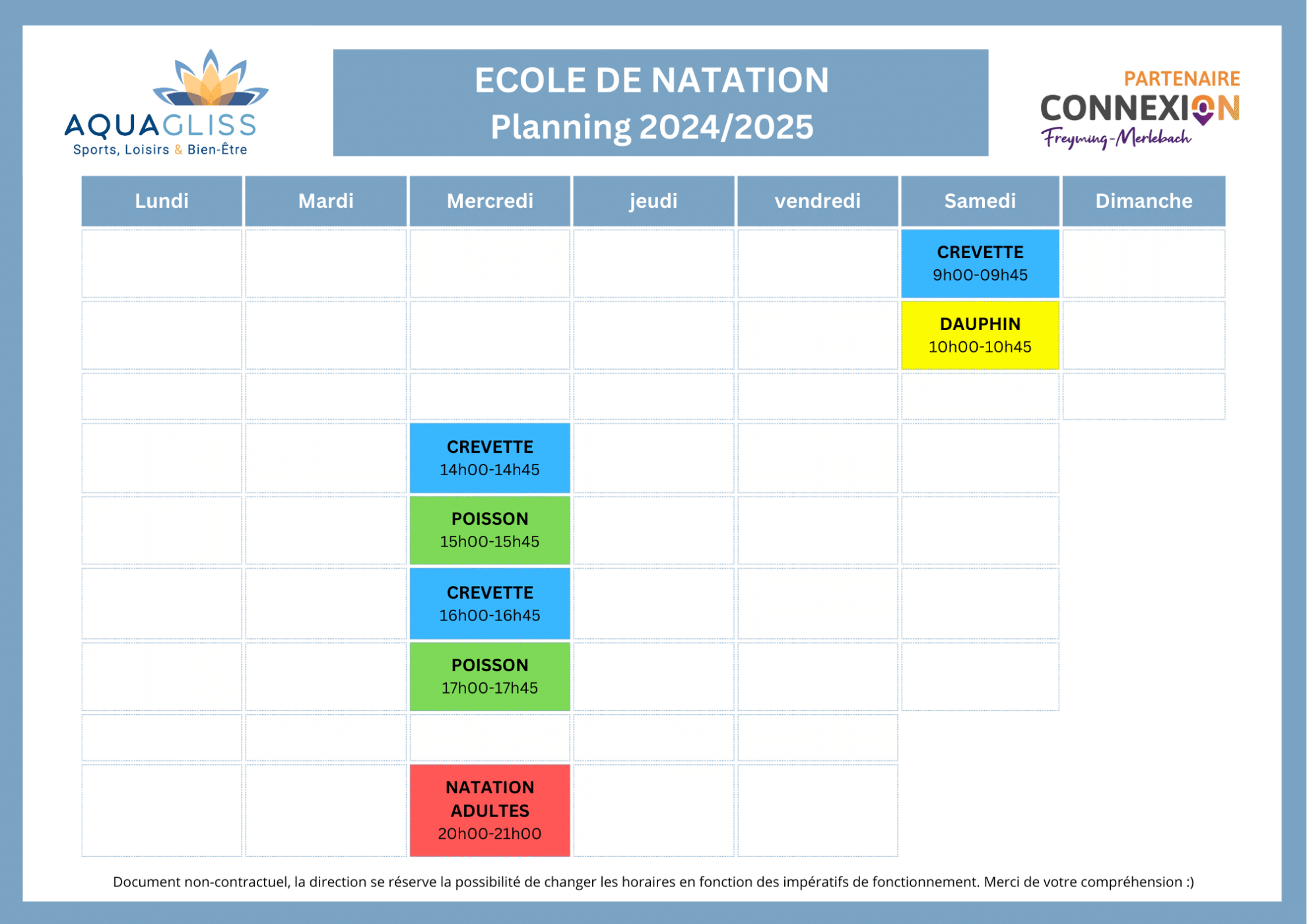 Planning des activités - Aquagliss de Freyming-Merlebach